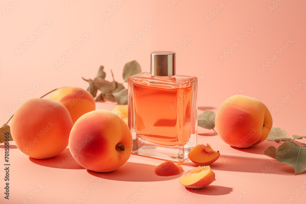 Peache Perfume. Bottle of Perfume with Peaches on pink color background ...