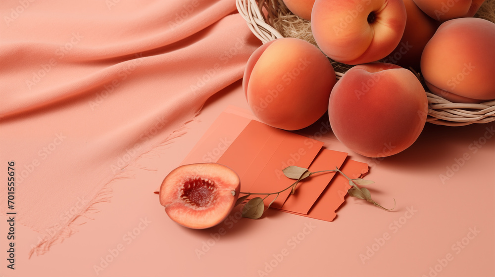 Peaches on a pink background. Peach fuzz palette colors. Pantone Peach ...