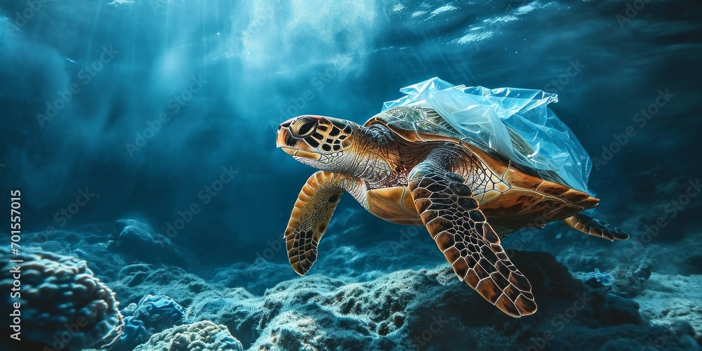a sea turtle entangled in plastic amidst the vivid underwater scenery ...
