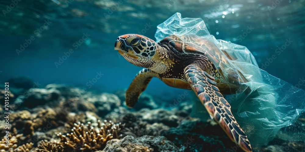 a sea turtle entangled in plastic amidst the vivid underwater scenery ...