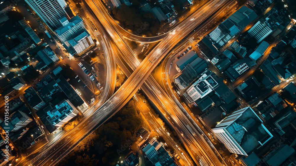 Aerial view of highway and overpass in city, night city, Modern ...