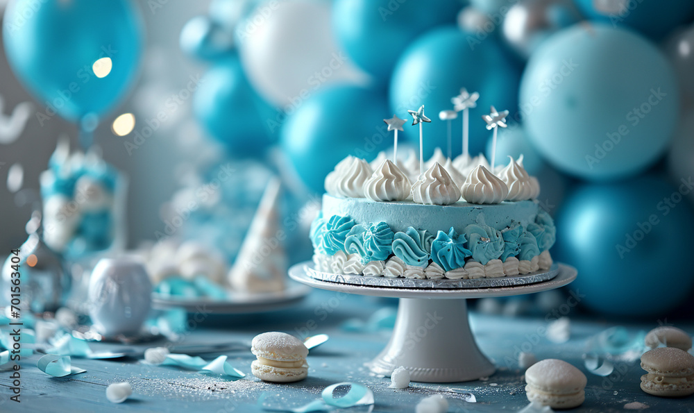 Blue birthday party, Blue Cake, balloons and Blue theme decoration ...