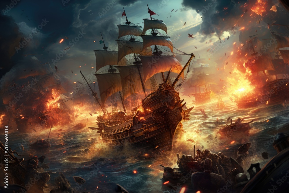 Pirate ship in the sea with burning sails. 3d illustration, An epic ...