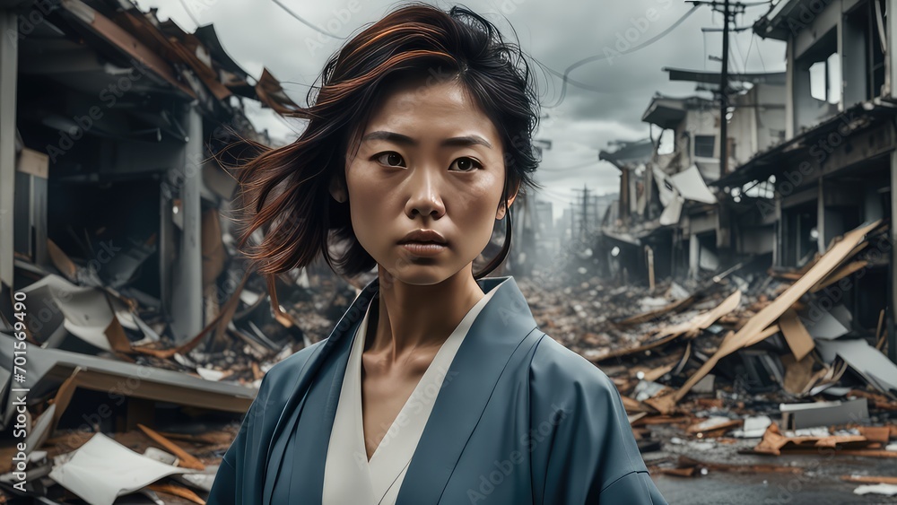 A Japanese woman who survived a natural disaster. Portrait of a young ...