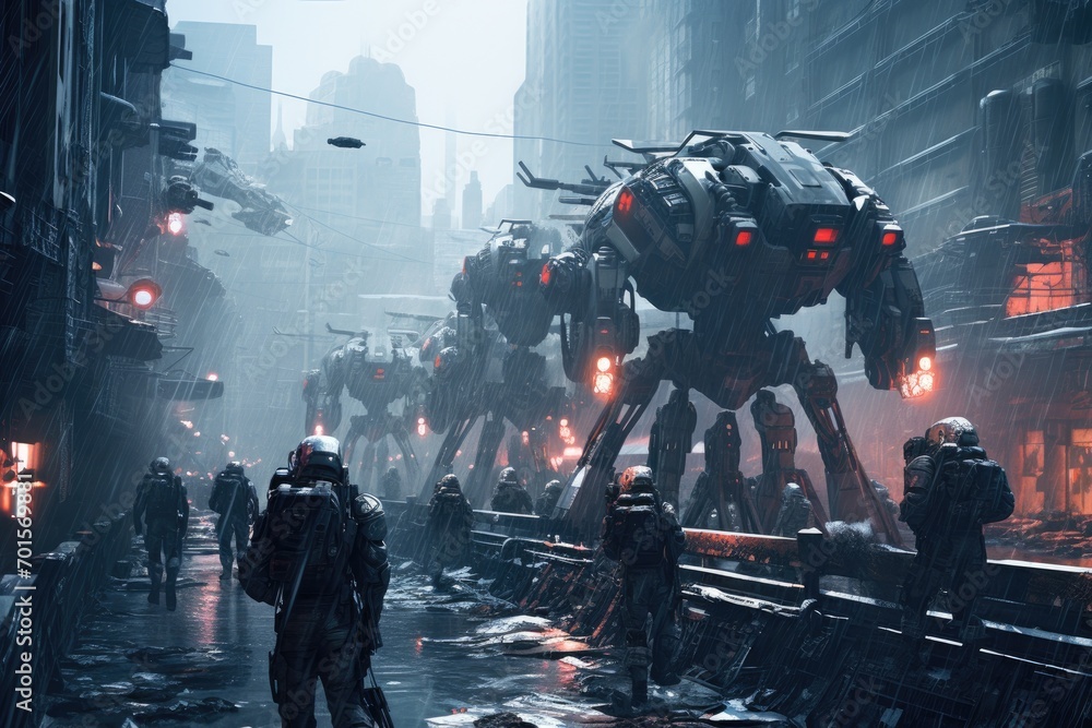 Futuristic robot in a city street at night. 3d rendering, An ...