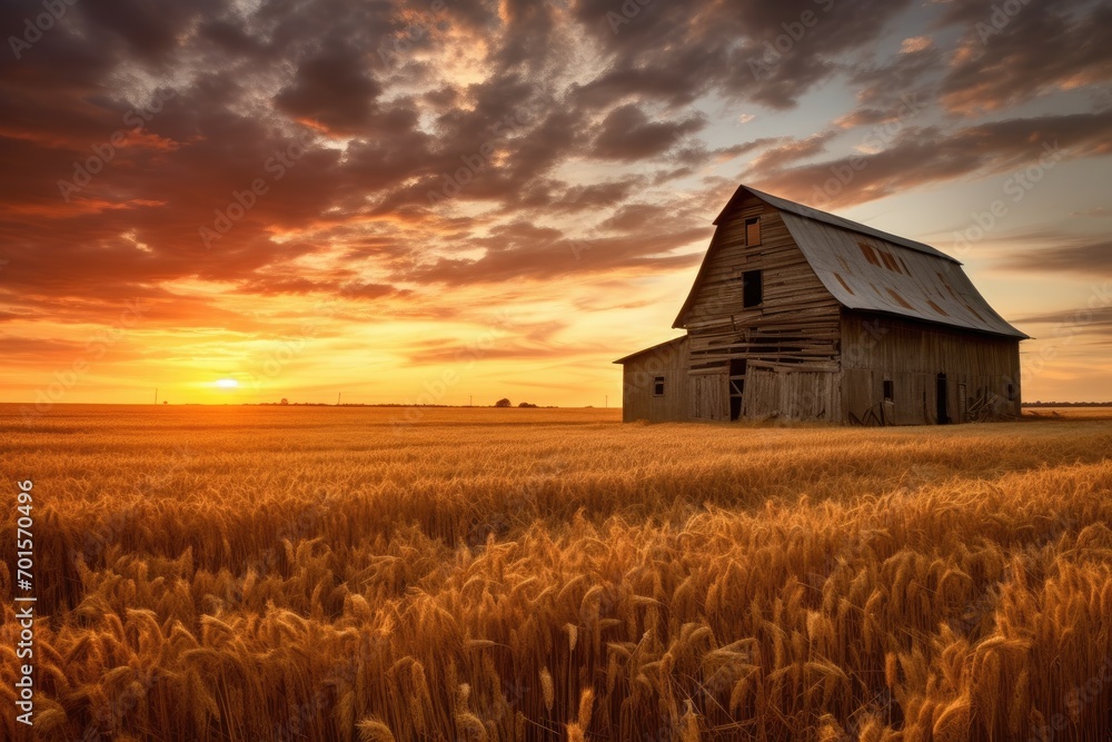 Dramatic sunset over an old barn in a wheat field, An old rustic barn ...