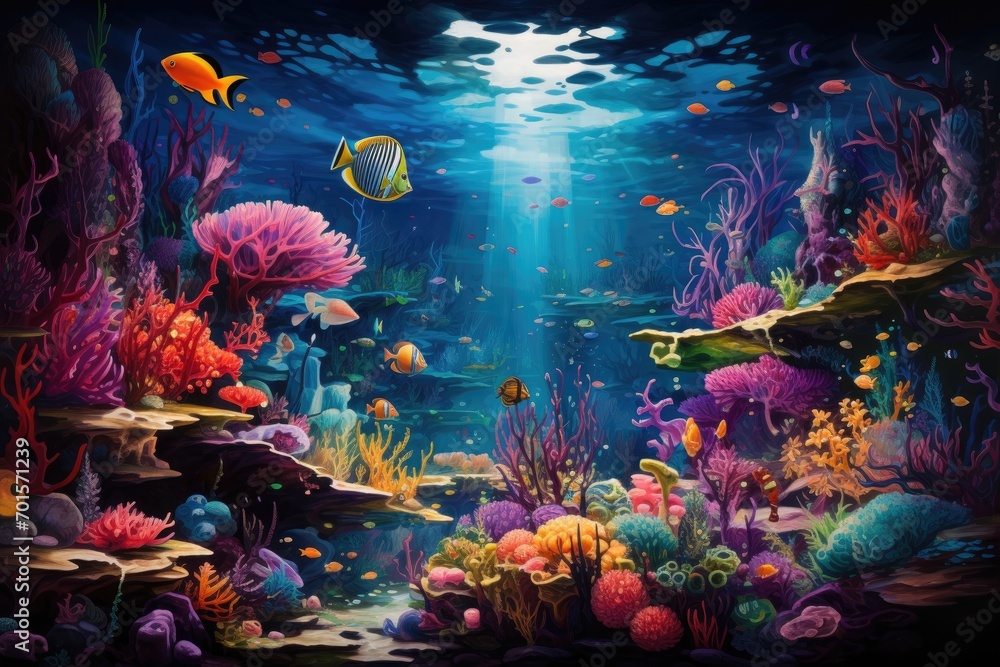 Cartoon underwater world with beautiful fishes and a castle in the sea ...