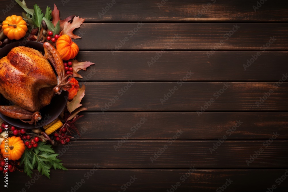 Traditional Thanksgiving turkey dinner. Overhead view side border on a ...