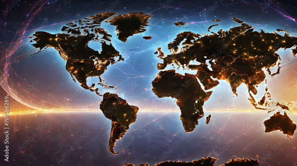 Polygonal mesh network map of world of lines and points, dots and ...