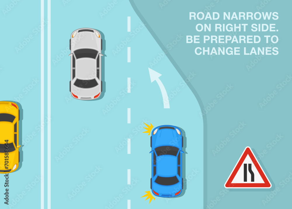 Safe driving tips and traffic regulation rules. Road narrows on right ...