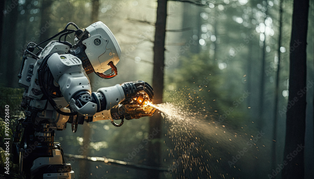 firefighting Robot spraying white foam on trees on fire during a severe ...