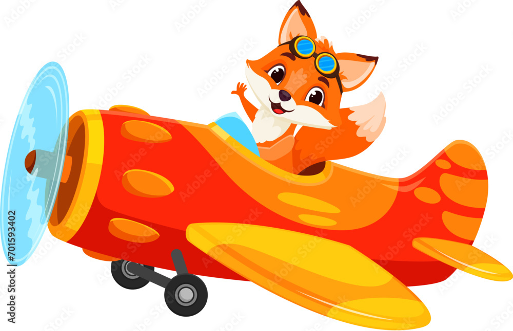 Cartoon fox pilot on plane, funny animal aviator in toy airplane, kids ...