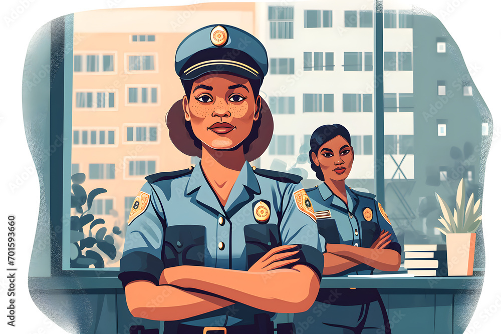 Flat vector illustration, portrait of black woman security guard or ...