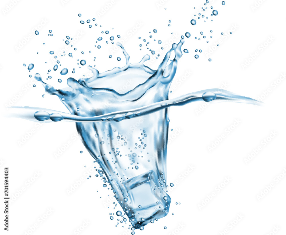Ice cube falling into blue water with corona splash, drops and bubbles, vector soda drink ...