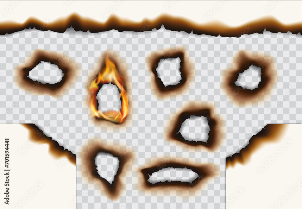 Burning paper with holes, fire flames and burnt edges, realistic vector ...