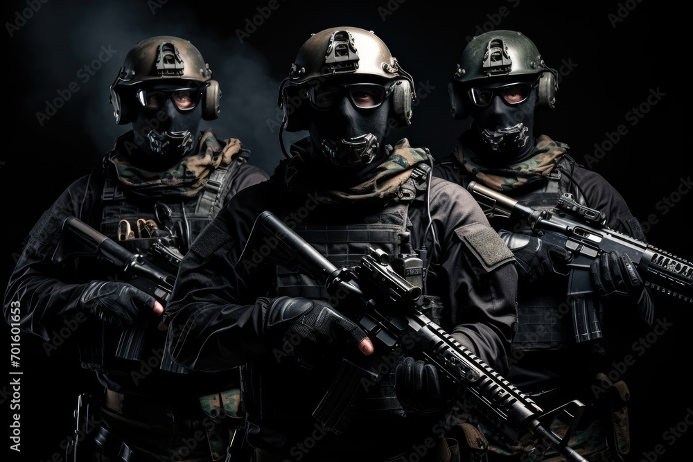 Group of special forces soldiers in black uniforms with assault rifle ...