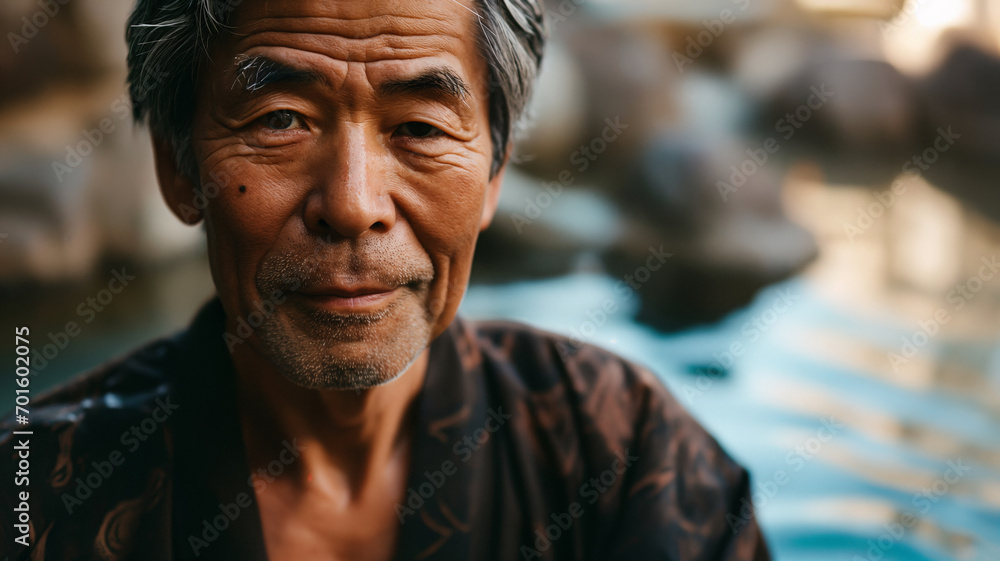 portrait of 60 years old Japanese men relaxing in hot spring Stock ...