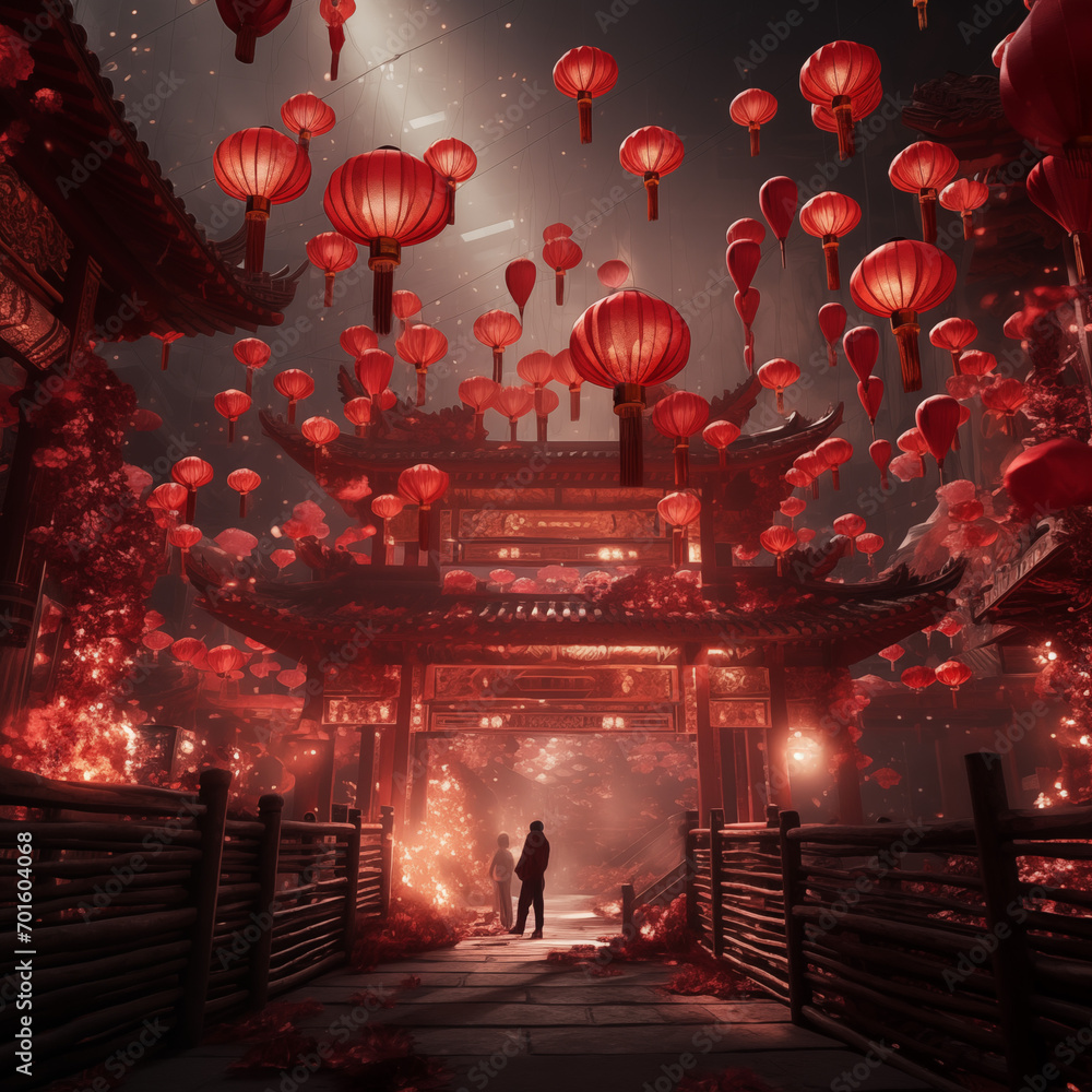 Chinese night with hanging red lantern decoration for festival ...