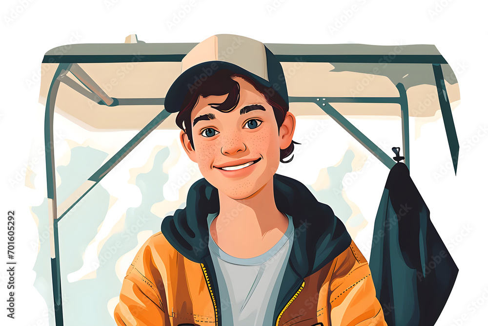 Flat vector illustration, portrait of teenage boy son of a tradie ...