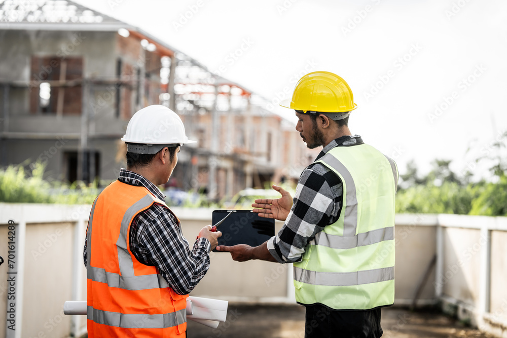 Asian people, two man, holding blueprints Structural engineers examine ...