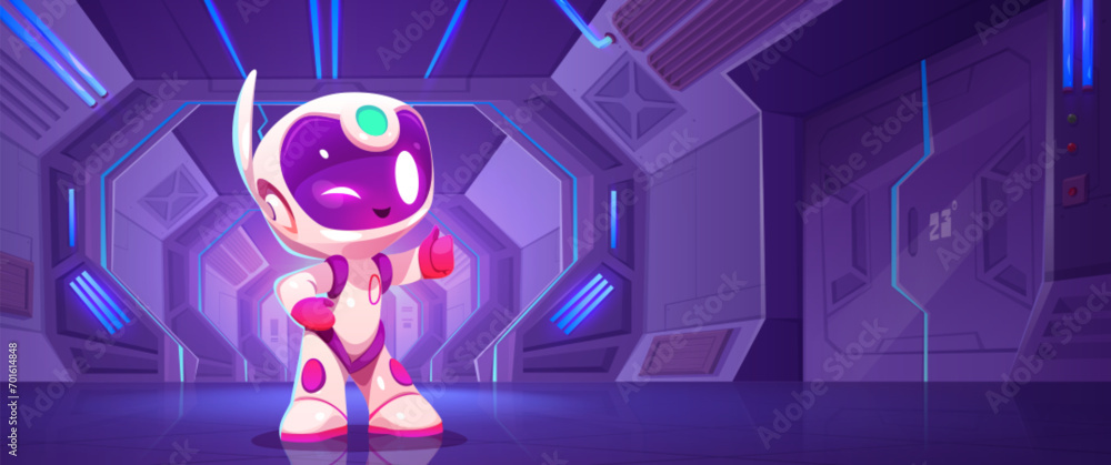 Cute winking robot astronaut with thumbs up standing in space ship hall ...