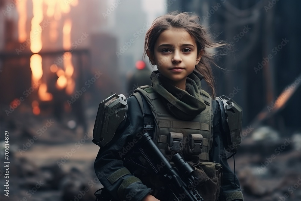 View of a beautiful girl with a machine gun in the war zone. Stock ...