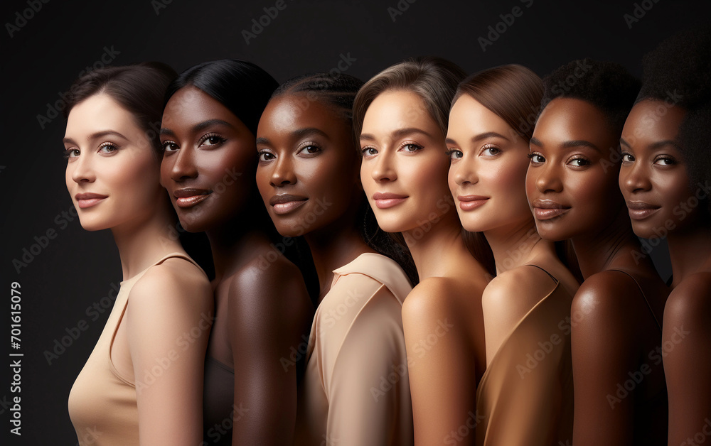 Seven women with different skin tones represent diversity and ethnicity ...