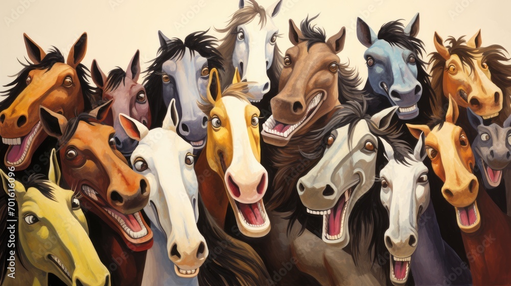 cartoon scene with many funny horses on white background, illustration ...
