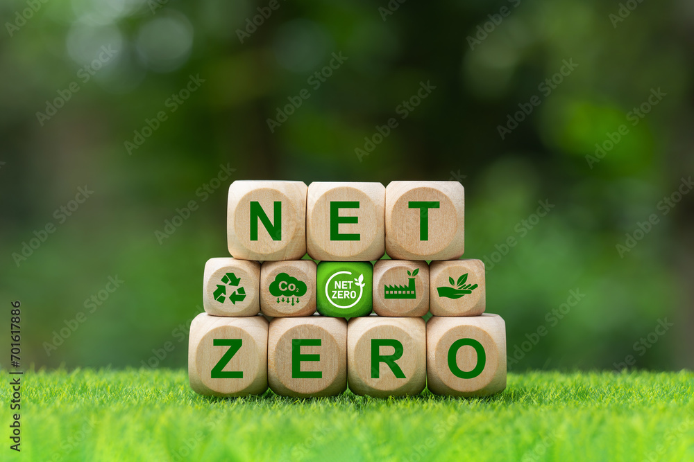 Net zero icon and carbon neutral concept, 2050 goal, long term climate neutral strategy. Wooden ...