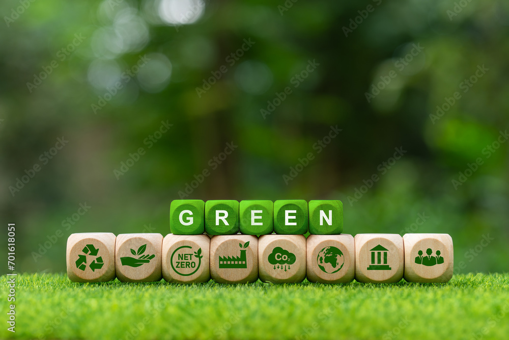 Green business and sustainable development Wooden block with green ...
