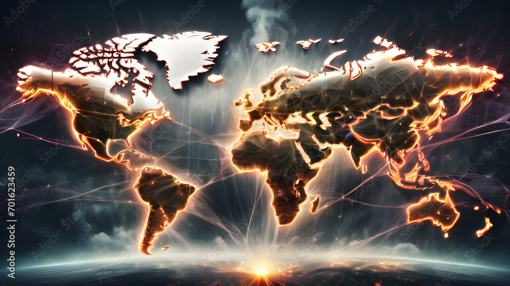 Polygonal mesh network map of world of lines and points, dots and ...