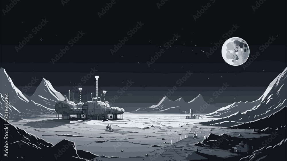 lunar base in a vector art piece. astronauts constructing habitats ...