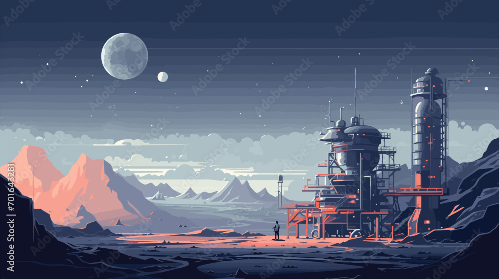 lunar base in a vector art piece. astronauts constructing habitats ...