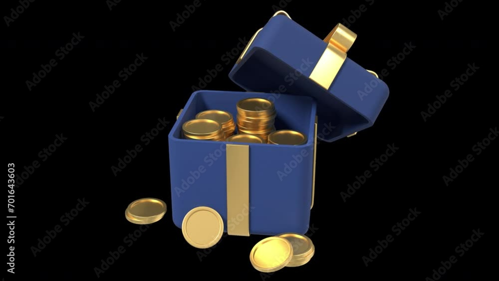 3D open gift box with golden coins and ribbon animation. Money prize ...