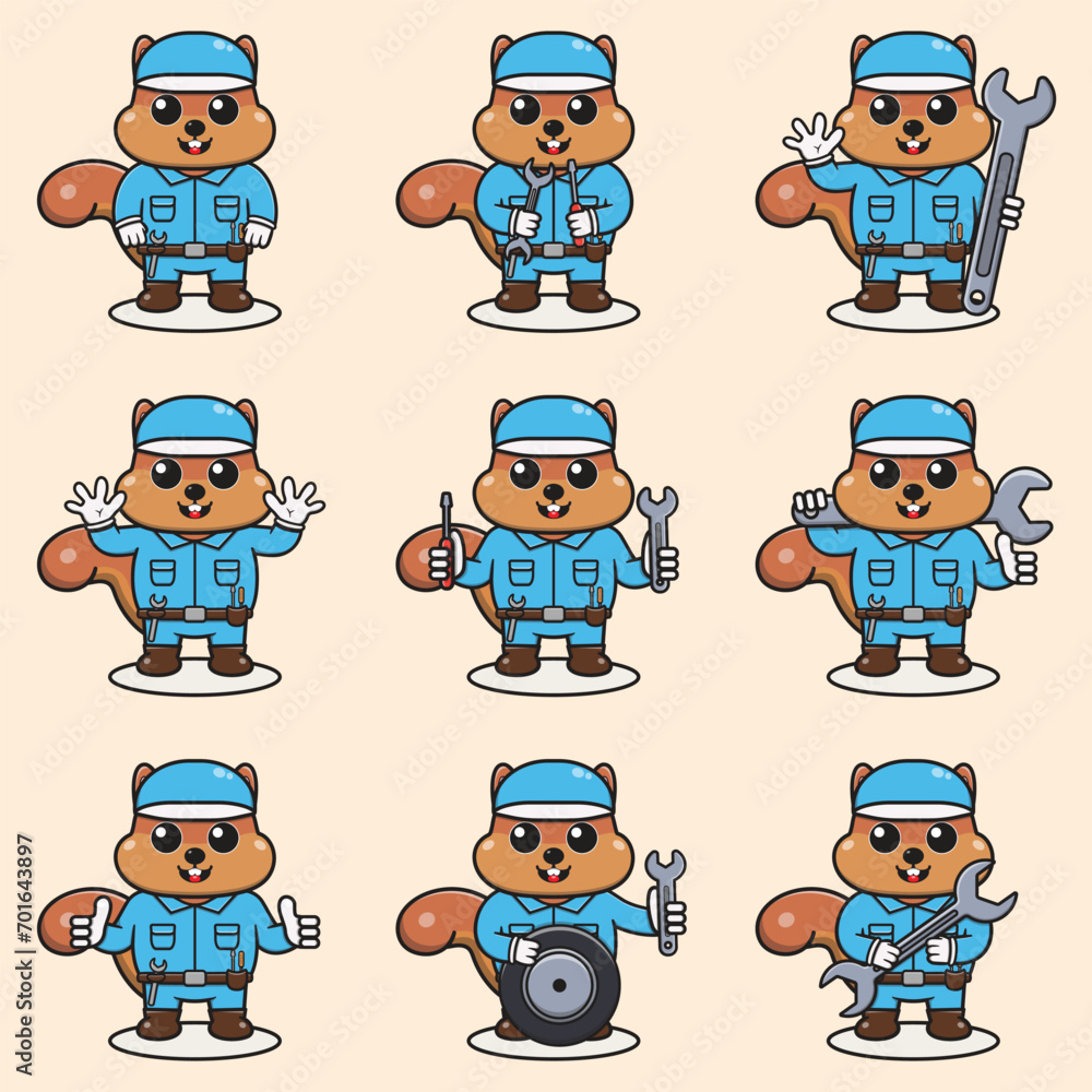 Mascot cartoon of cute Squirrel wearing mechanic uniform and cap. Cute ...