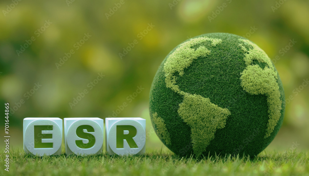 White Dice with word text ESR and world globe map made up of grass ...