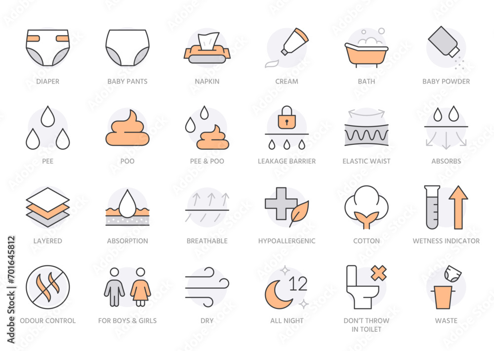 Diaper line icon set. Baby pants feature - absorption, breathable ...