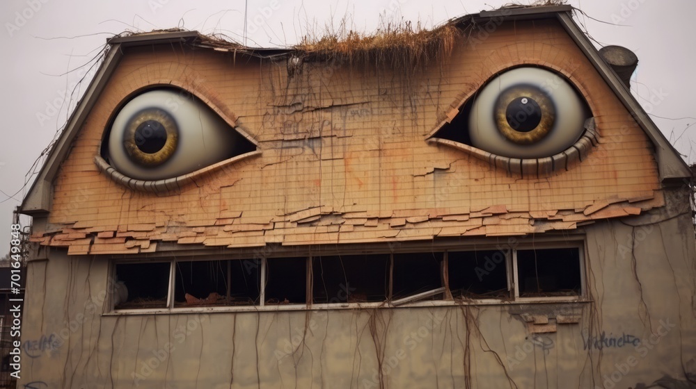 Very old shabby building with eyes. Real house emoticon. Emoji ...