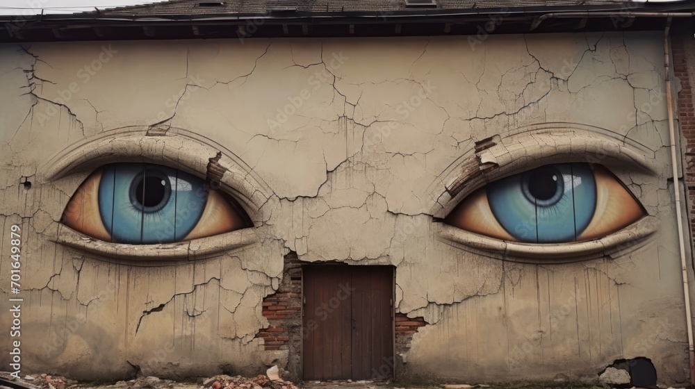 Very old shabby building with eyes. Real house emoticon. Emoji ...