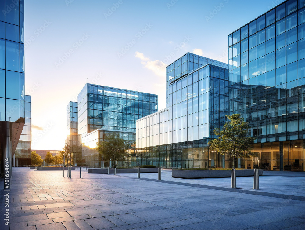 Modern, sleek high-tech office skyscrapers tower over a bustling ...