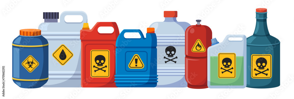 Flammable waste set. Container with chemical explosive substance. Toxic ...