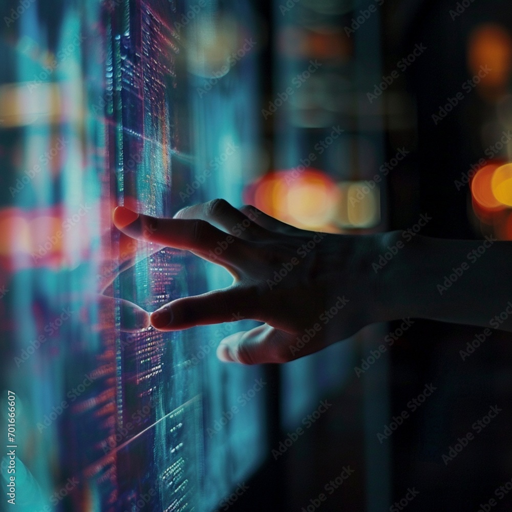 Dedo seleccionando datos en pantalla con código binario y luces bokeh ...