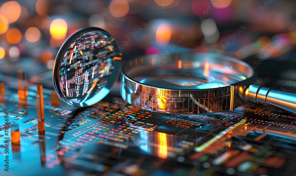 magnifying glass with chart on the background. report chart, economy ...