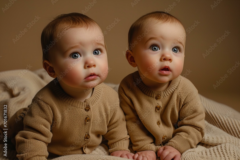 Cute identical twin toddlers on a pastel brown background, studio shot ...