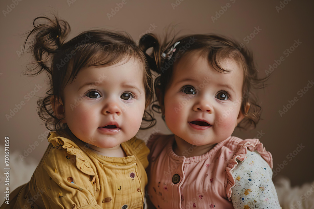 Cute identical twin toddlers on a pastel brown background, studio shot ...