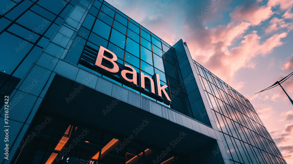 sign logo of Bank lights up, for attracting customers, hanging on the ...