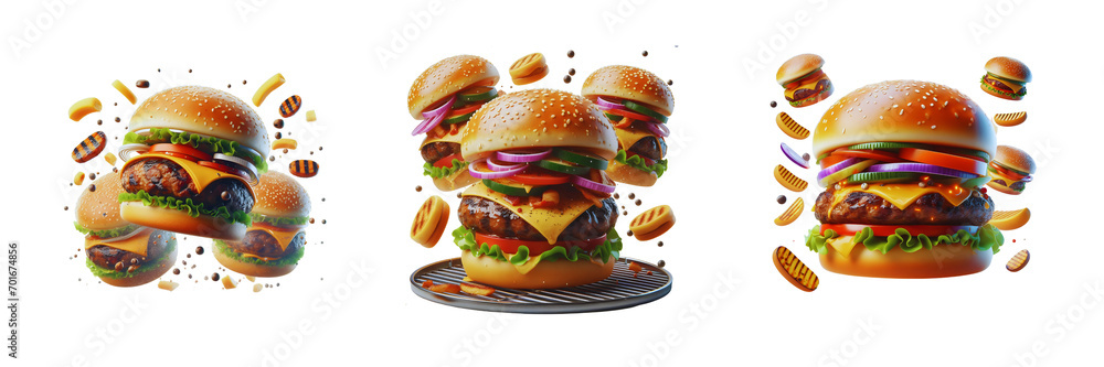 Set of Grill burger, realistic 3d burgers falling in the air, isolated ...