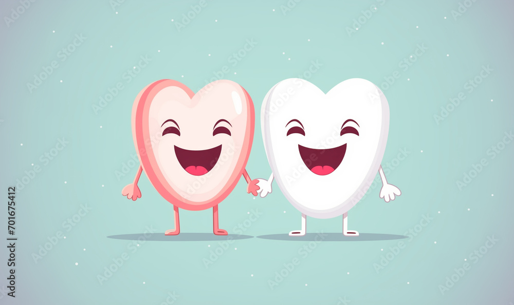 Two white cartoon watercolor teeth with legs and hand fall in love ...