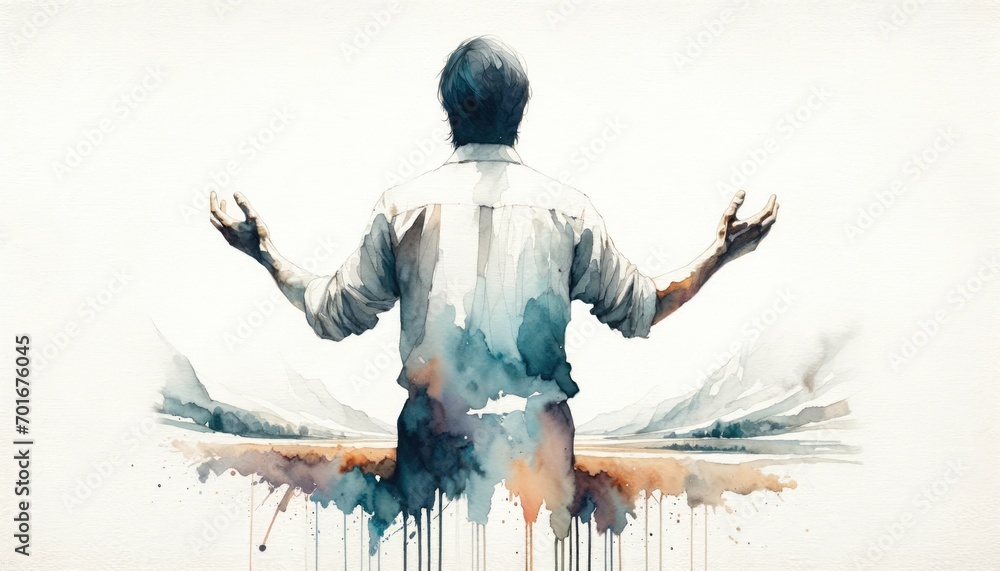 Back view of a man in worship on watercolor background. Stock Photo ...