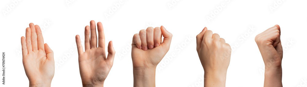 Hand gesture, greeting signs with palm waving hi and fists raised up ...